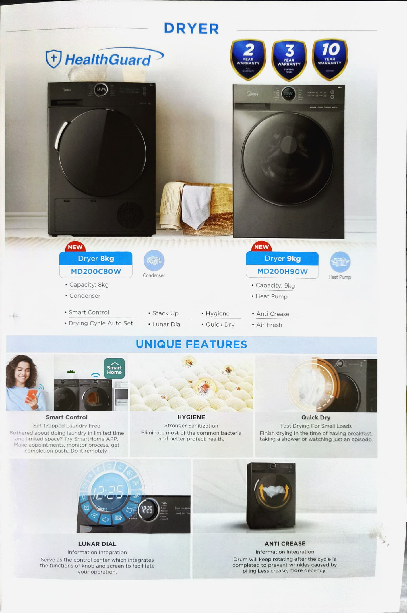 Midea 7kg/8kg/9kg/10kg Vented Dryer Condenser Dryer Heat Pump Dryer MD ...