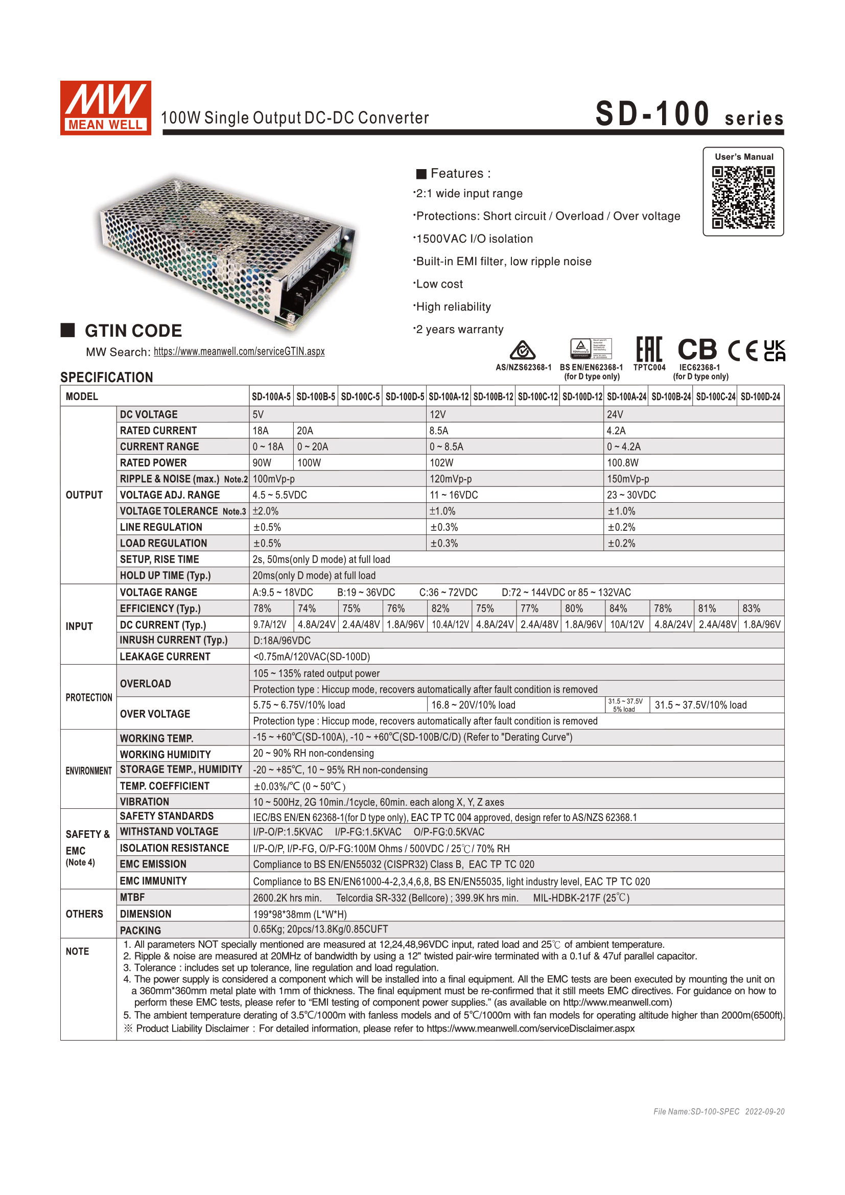 Mean Well SD-100C-12 100W 12V 8.5A MeanWell Single Output DC-DC Converter~ 2 YEARS WARRANTY ...