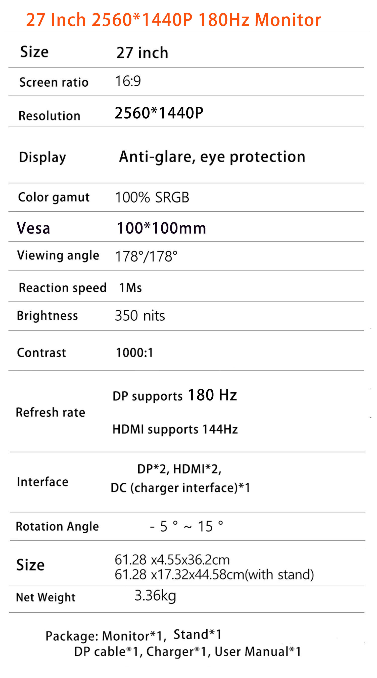 27inch 2560*1440P 180Hz Gaming Monitor 2560*1440P 350cm/d2 Gaming ...