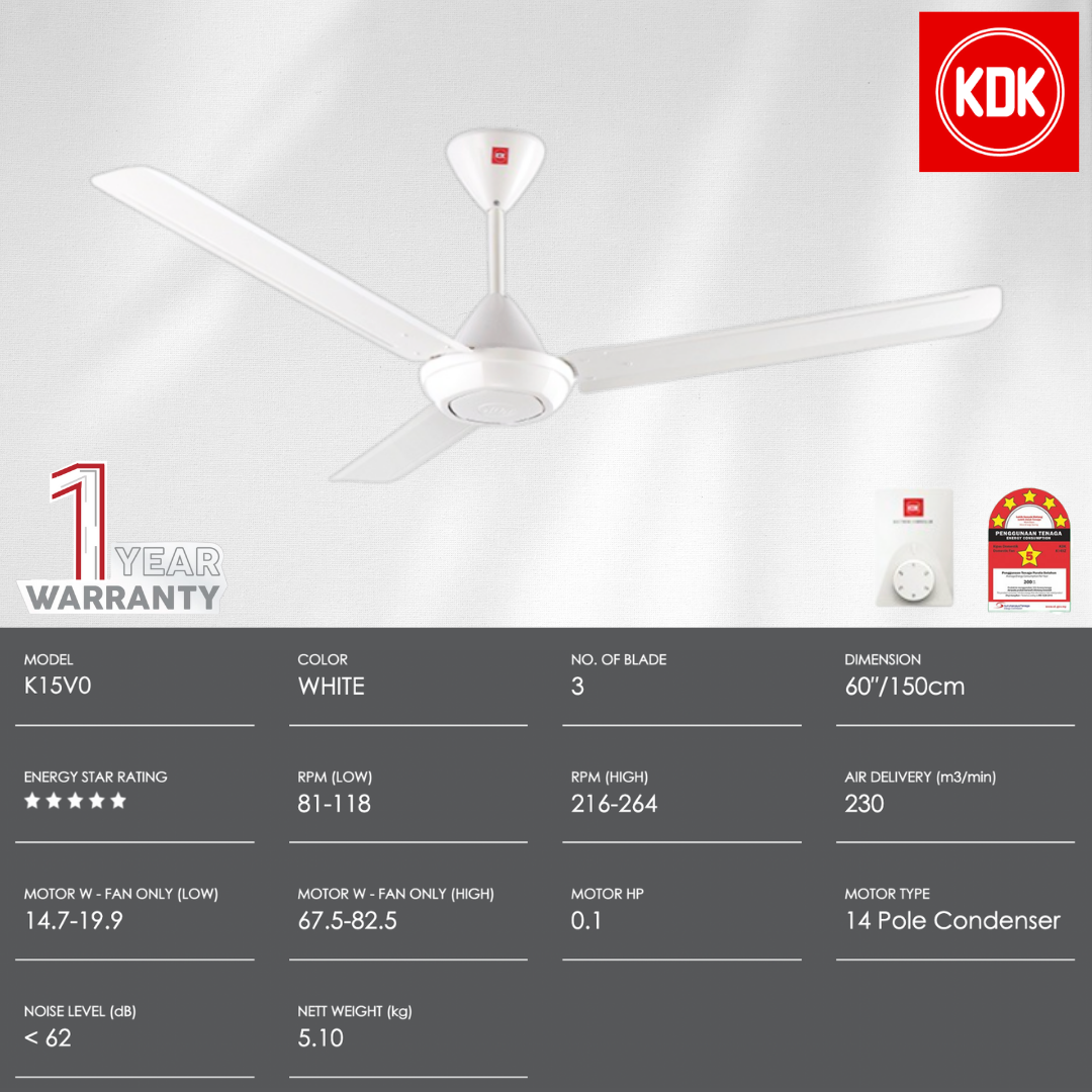 KDK K15V0 / DESIGNER (60″/150cm) Kipas Siling Kipas Syiling Ceiling Fan With Regulator 3 Bilah ...