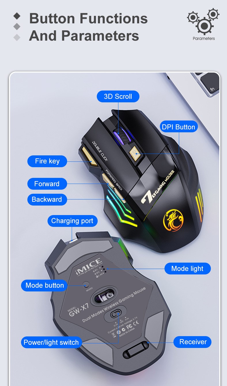 IMICE Gaming Wireless Silent Rechargeable Mouse tetikus laptop RGB ...