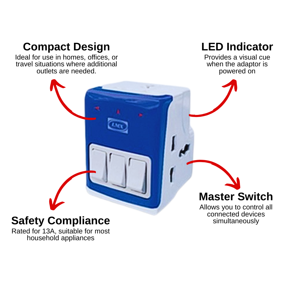 LEMAX 3 Way Adaptor Adapter Switches Extension Socket Switch Plug ...