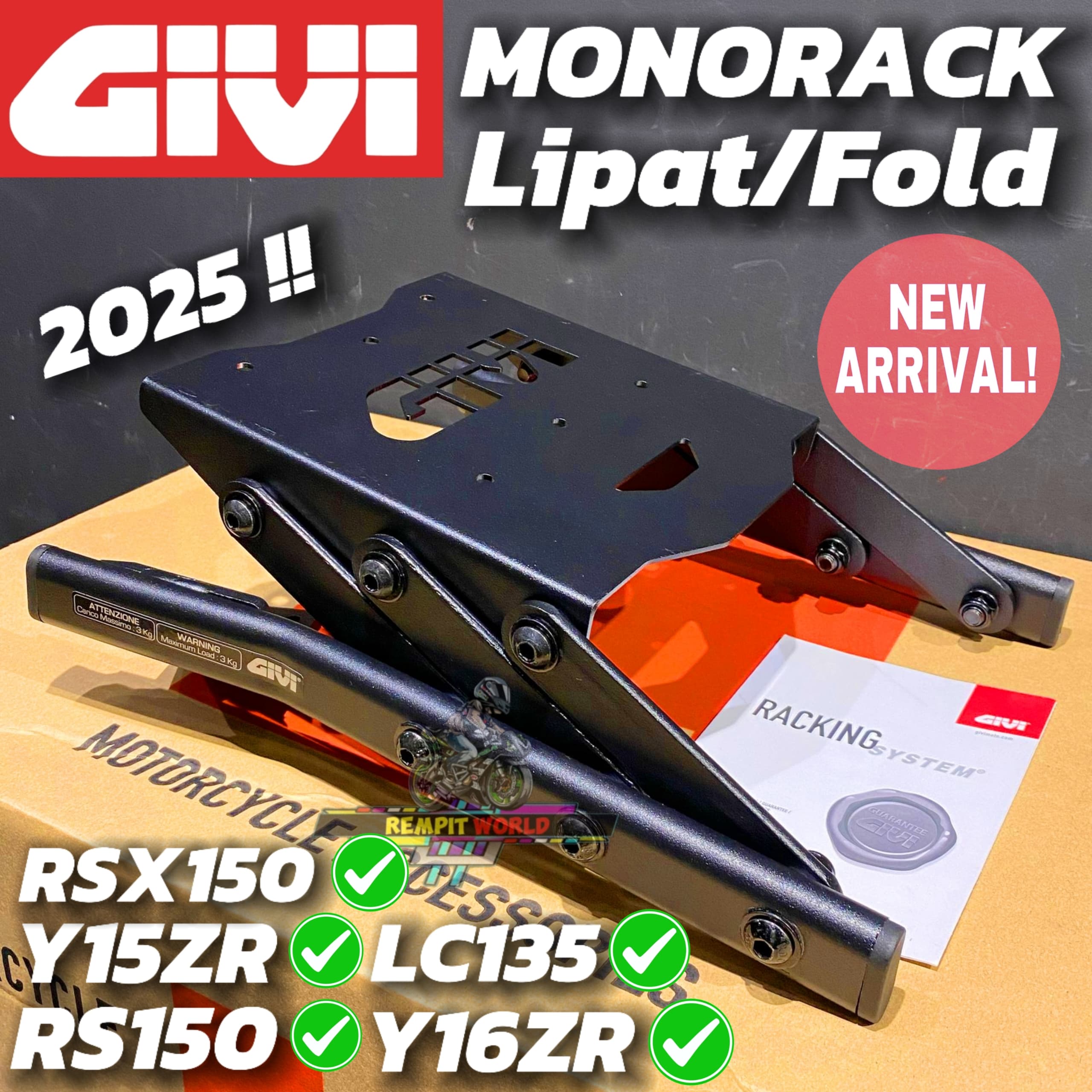 COMBO SET BOX ALLUMINIIUM 45L + MONORACK LIPAT GIVI RS150/RSX 100 ...