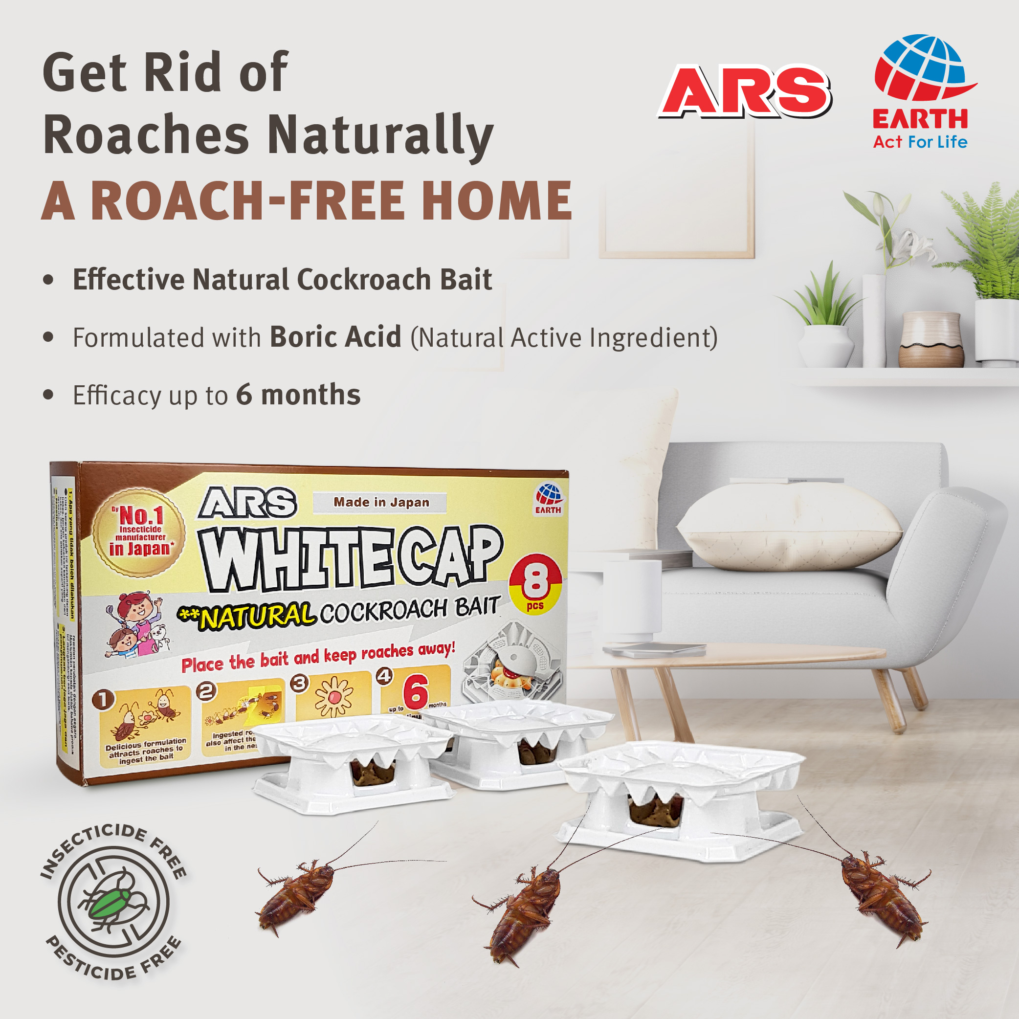 ARS Cockroach Bait White Cap (8pcs) | Strong Roach Killer | Safe & Long ...