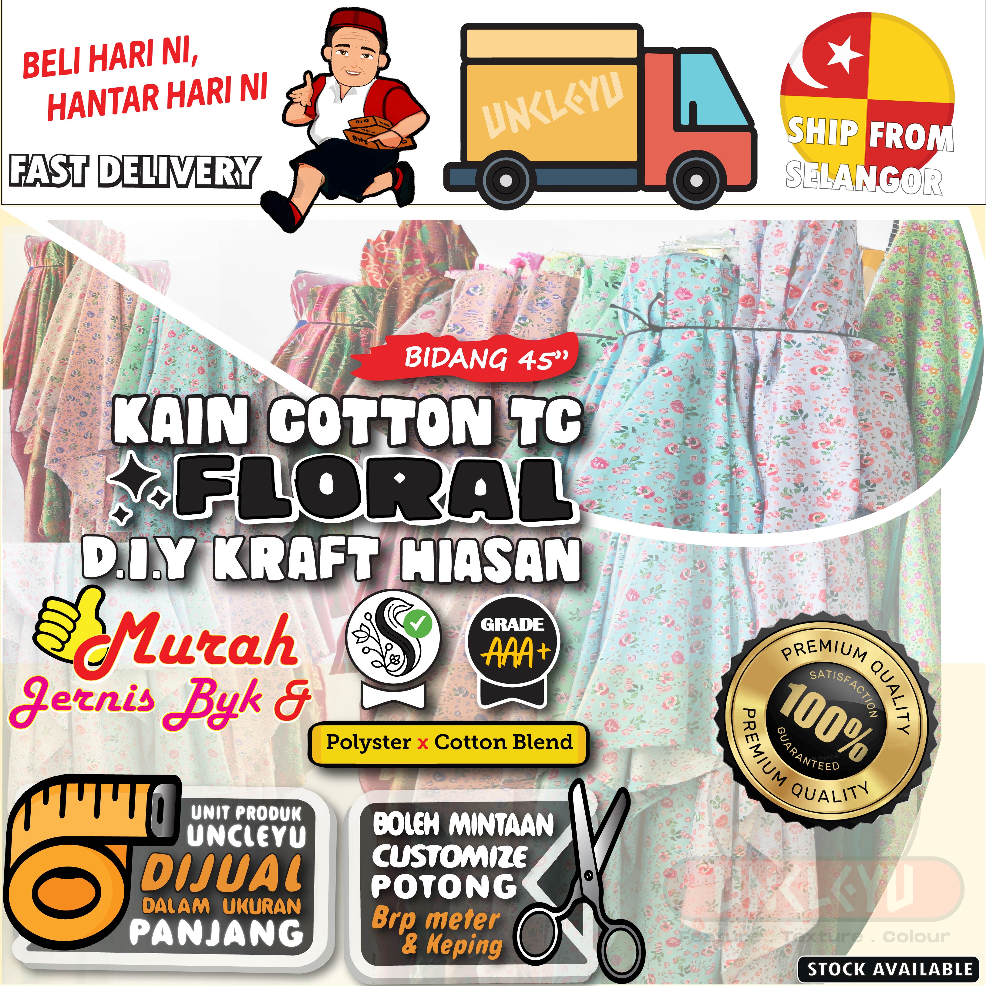 Kain Cotton Tetron (TC) Corak Floral/DIY-Hiasan/Bidang 45"/Warna Terang Kekal lebih lama/KCT-B ...