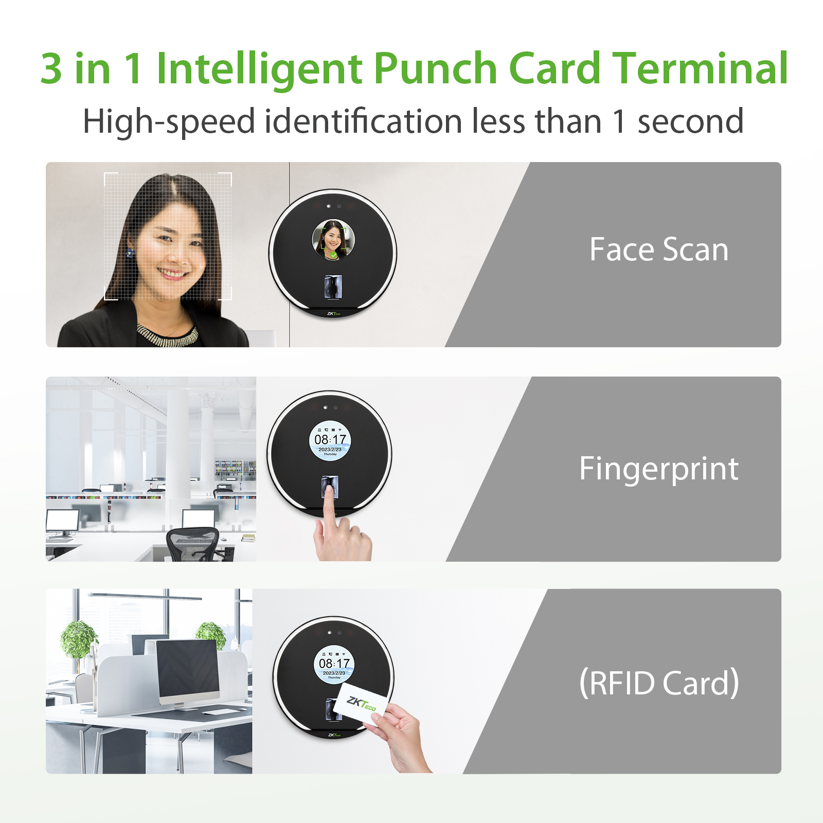 ZKTeco 3-in-1 Face Attendance Machine Biometrics Time Clock Punch Card ...