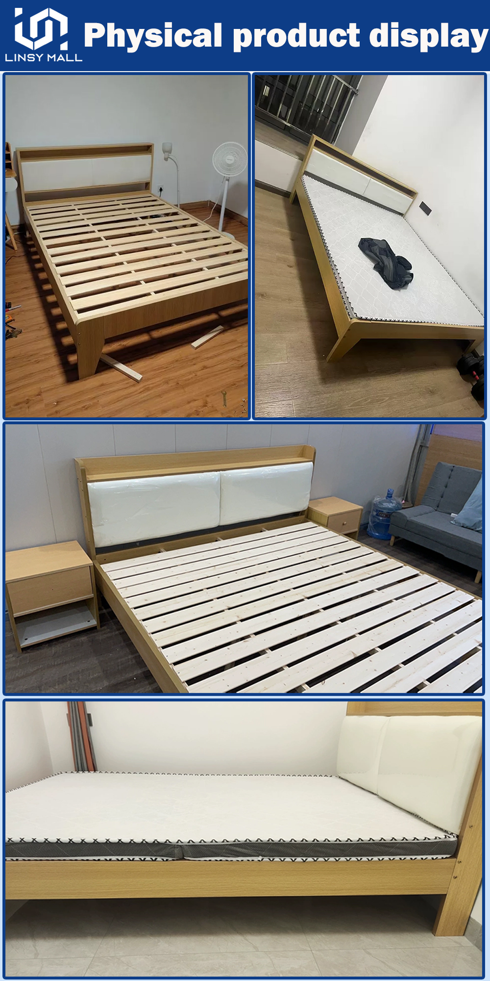 Katil Queen Solid Wood Bed Frame With Headboard Soft Package Wooden Bed ...