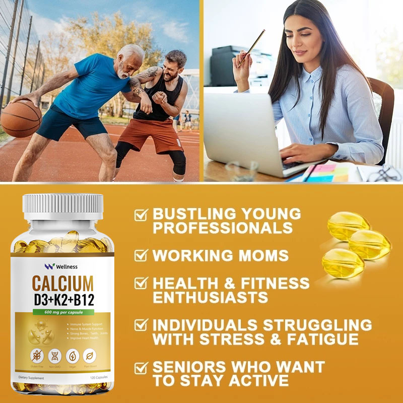 Wellness Calcium Vitamin D3 K2 B12 Capsule Supplement Support Cardiovascular Bone and Joint ...