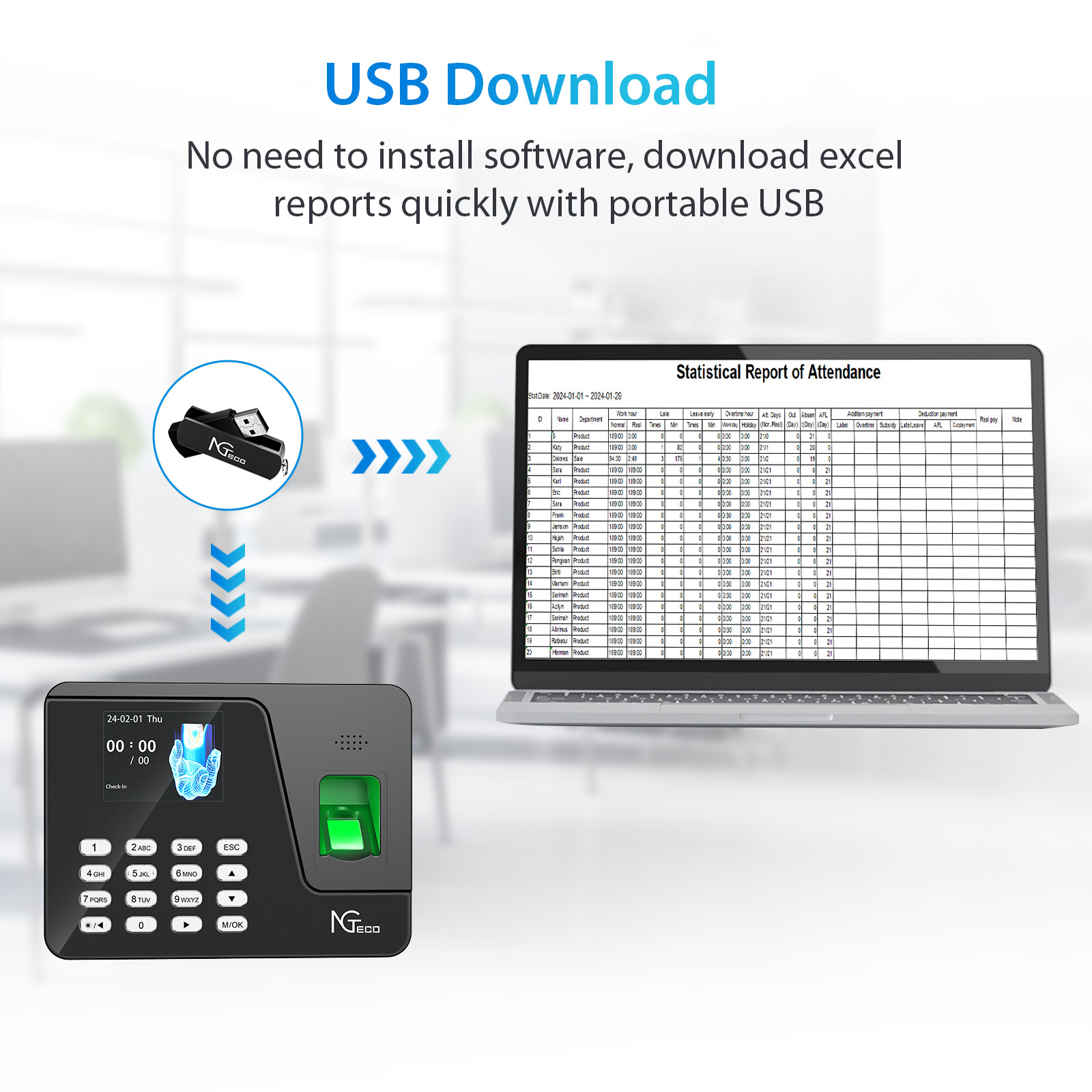 NGTeco 1000 User Fingerprint Time Attendance Machine Punch Card Machine Biometric Thumbprint ...