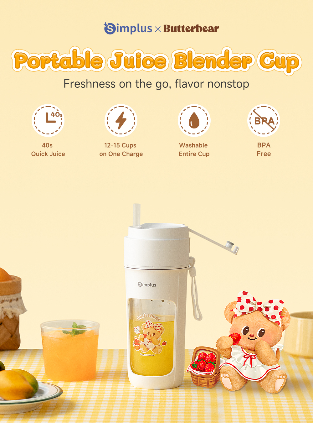 【Simplus×Butterbear】340mL Capacity Wireless Portable Direct Drink Cup Juicer Multifunctional ...