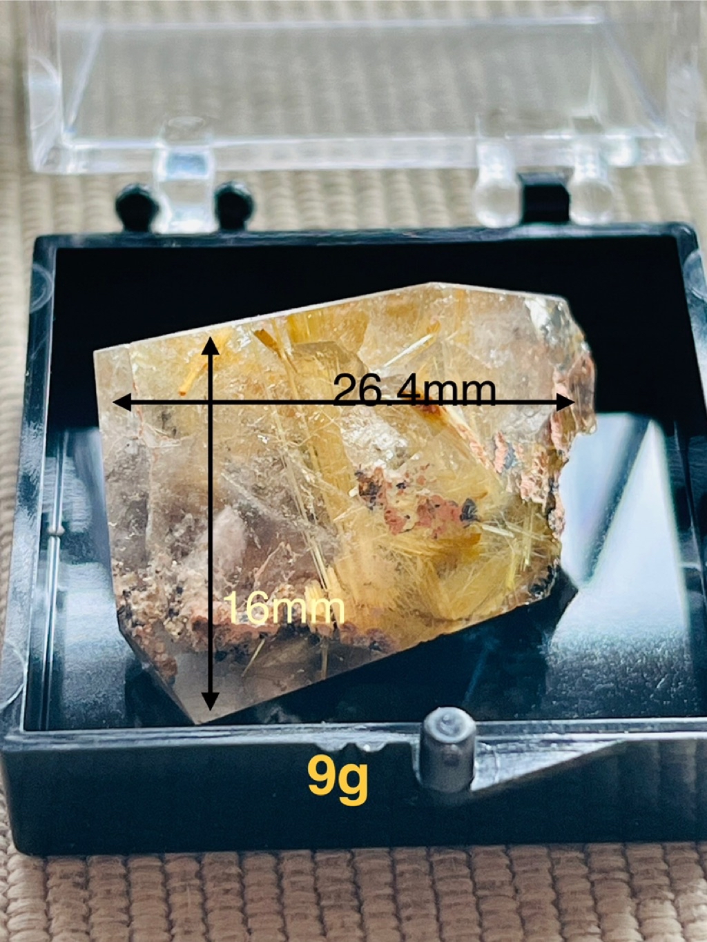 Natural Golden Titanium Rutile raw specimen in acrylic box 7/9/10g ...