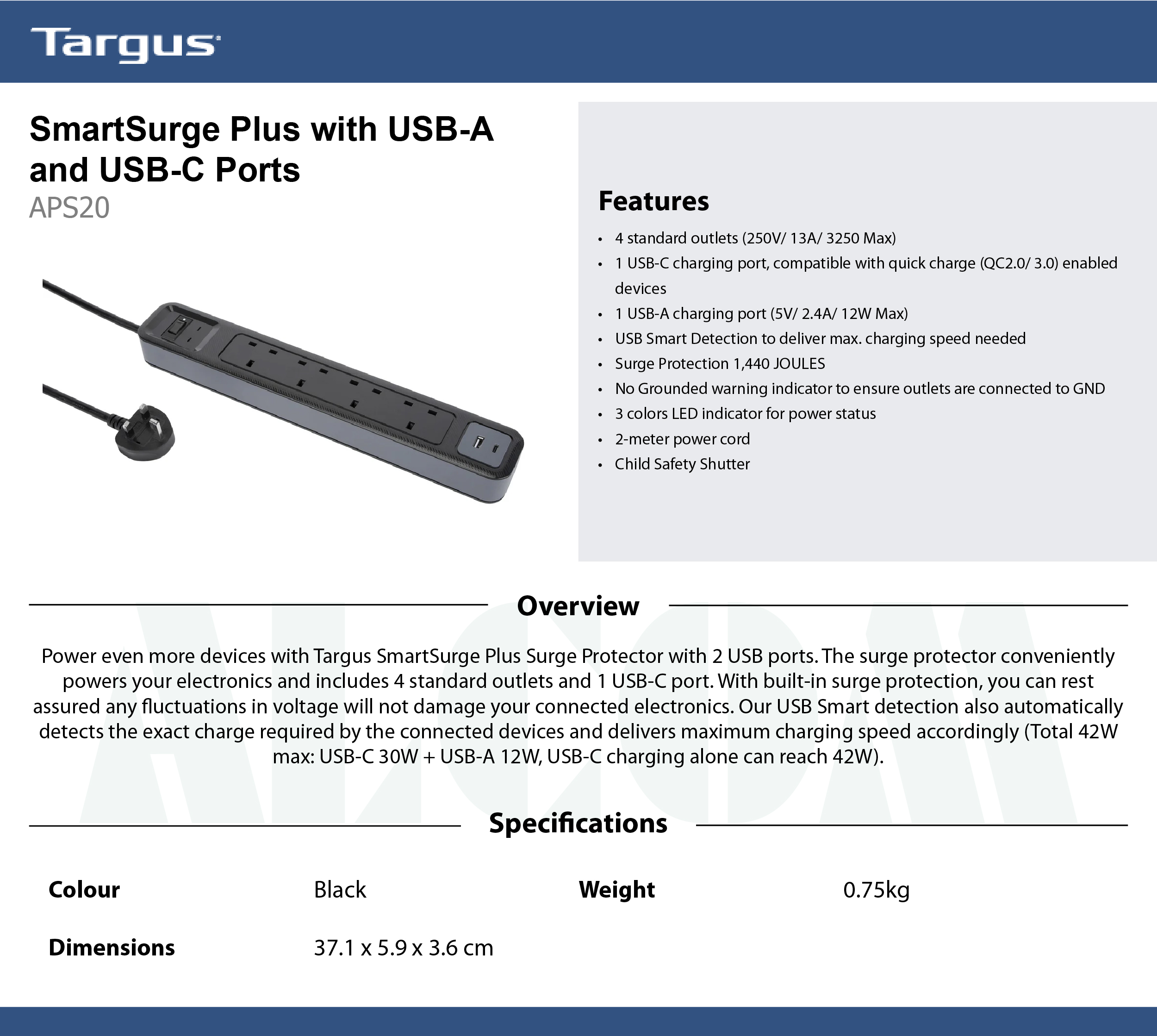 [New Model] TARGUS APS20 Surge Protector with 4 Surge, USB, Type-C ...