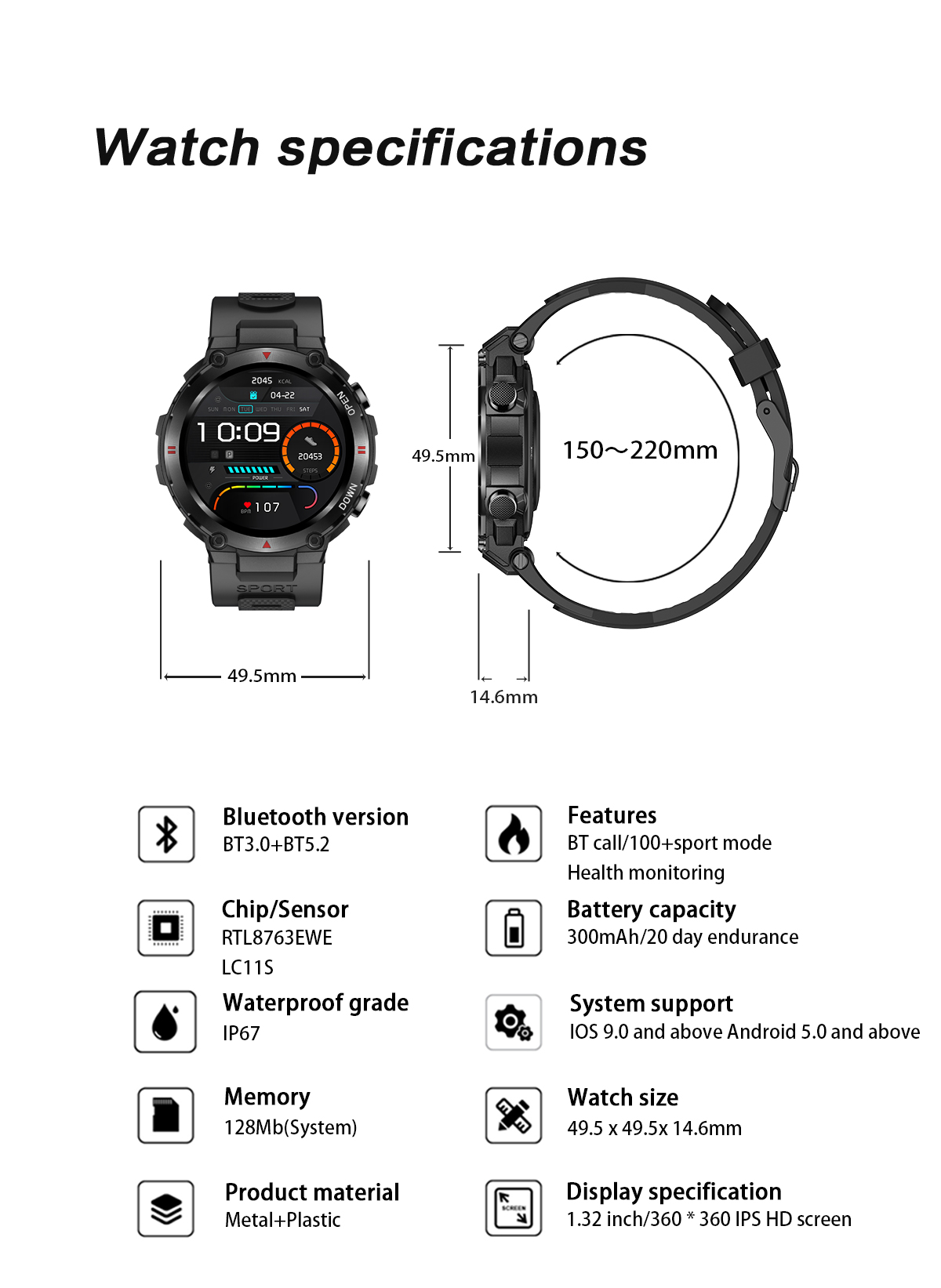 Huafit ＆Aolon Tetra R2 Smart Watch Bluetooth Call Ip68 Waterproof 24h ...
