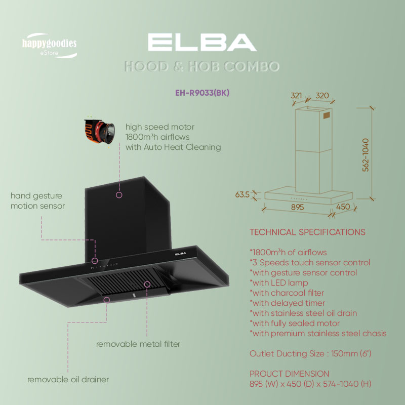 (Combo) Elba Designer Hood T-Hood EH-R9033(BK) with Gas Hob Combo ...