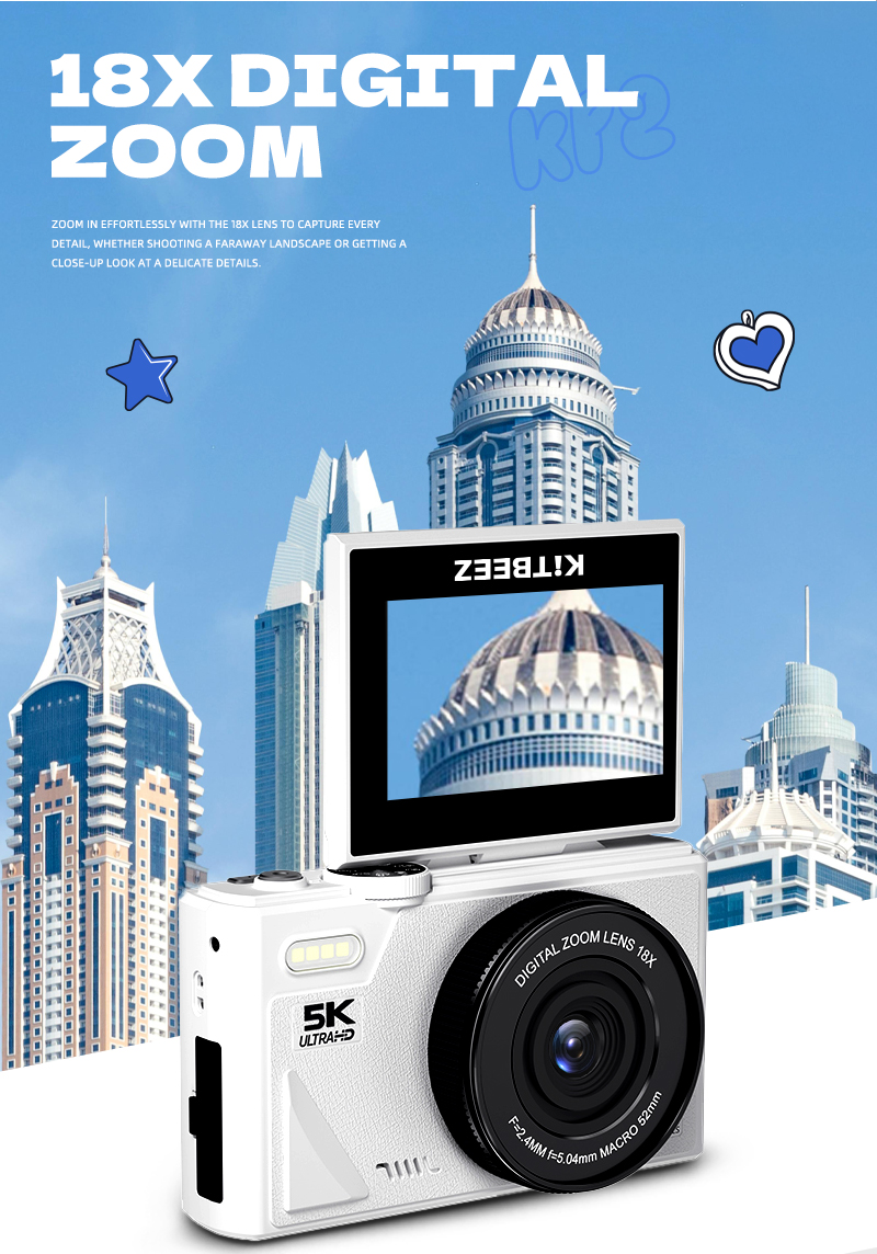 KiTBEEZ💡 75MP WiFi Digital Camera 180° Flip Screen 18X Zoom Selfile ...