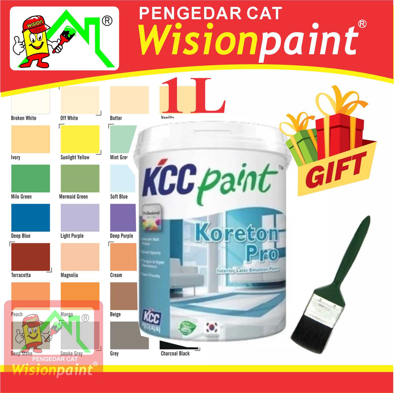 1 LITER KCC PAINT 1L KORETON PRO INTERIOR EMULSION MATT FINISH / CAT DINDING DALAM RUMAH TAK ...