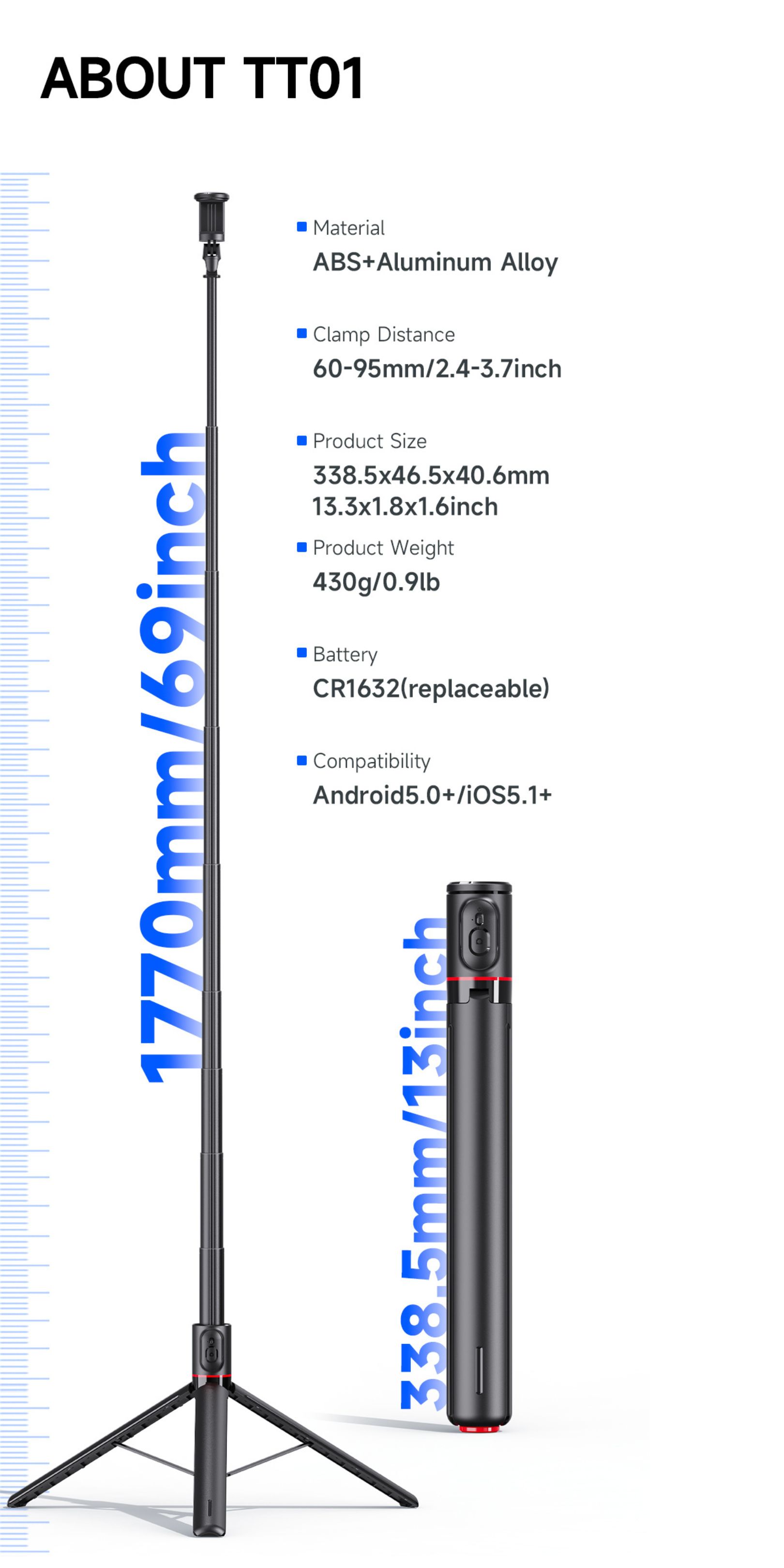 New TT01 Auto Pop Open Tripod For Phone 177cm Bluetooth Remote Nail ...