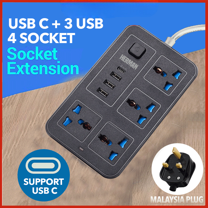 Socket Extension - USB-C + 3 USB Ports, 4-Socket Universal Electric ...