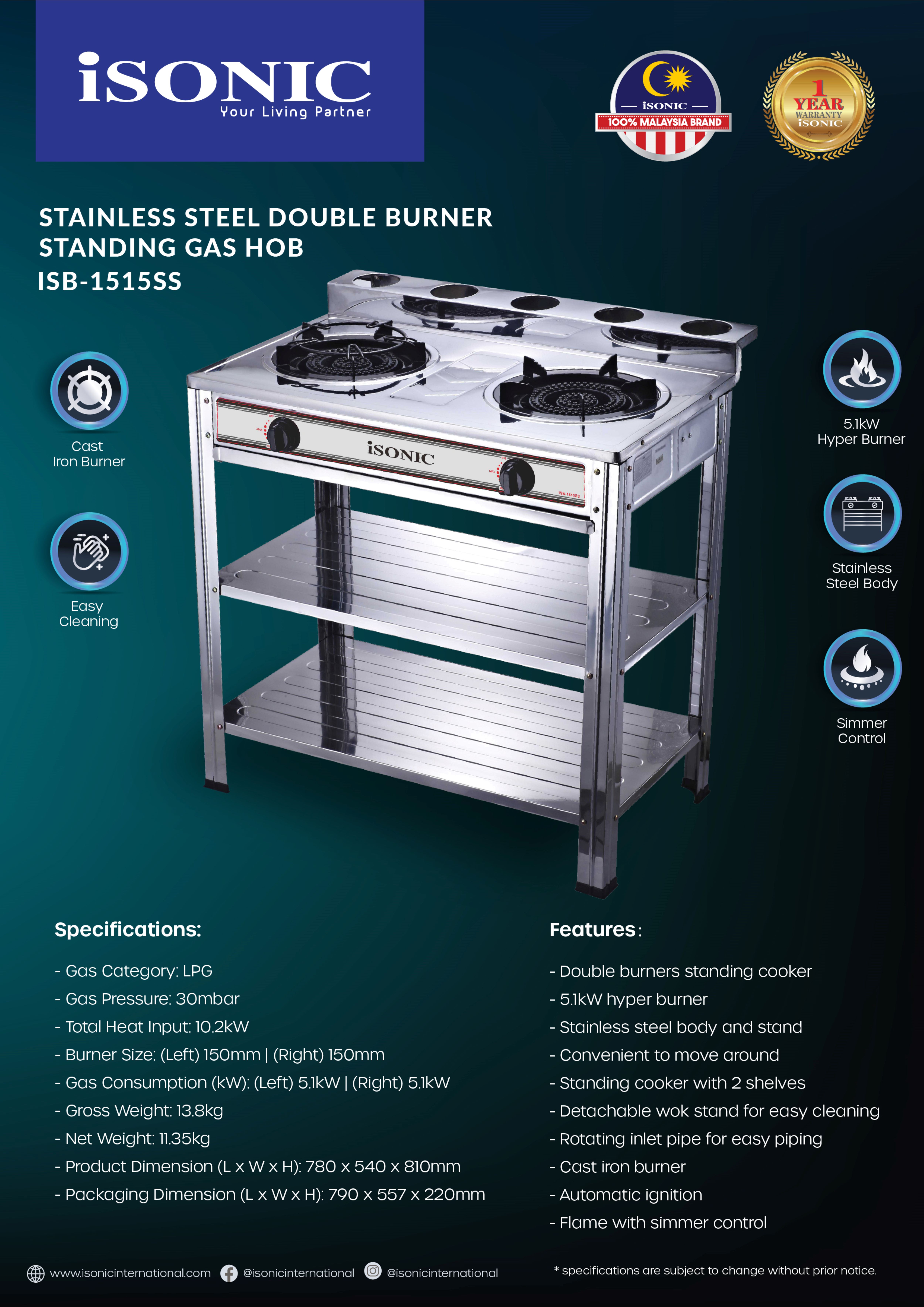 Isonic Stainless Steel Double Burner Standing Gas Hob ISB-1515SS ...