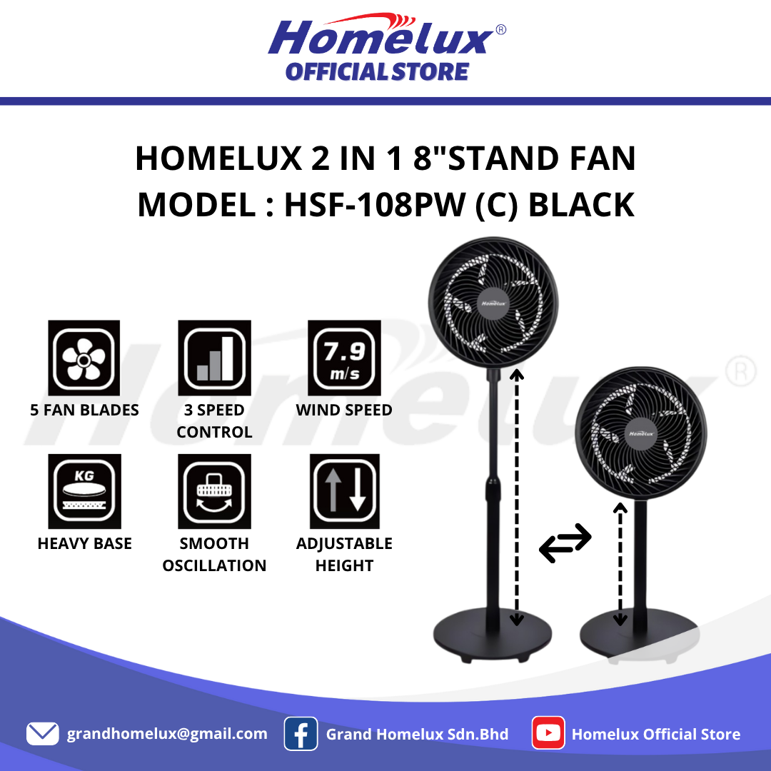 HOMELUX 2 IN 1 STAND FAN 8" ADJUSTABLE STAND FAN HSF-108PW KIPAS ...