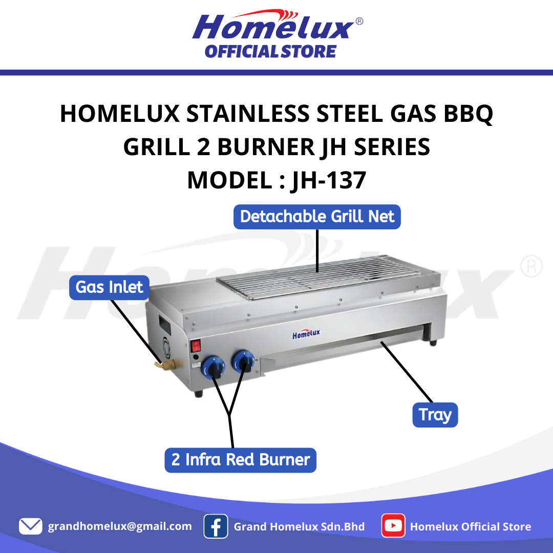 HOMELUX STAINLESS STEEL GAS BBQ GRILL 2 BURNER JH SERIES JH-137 80CM ...