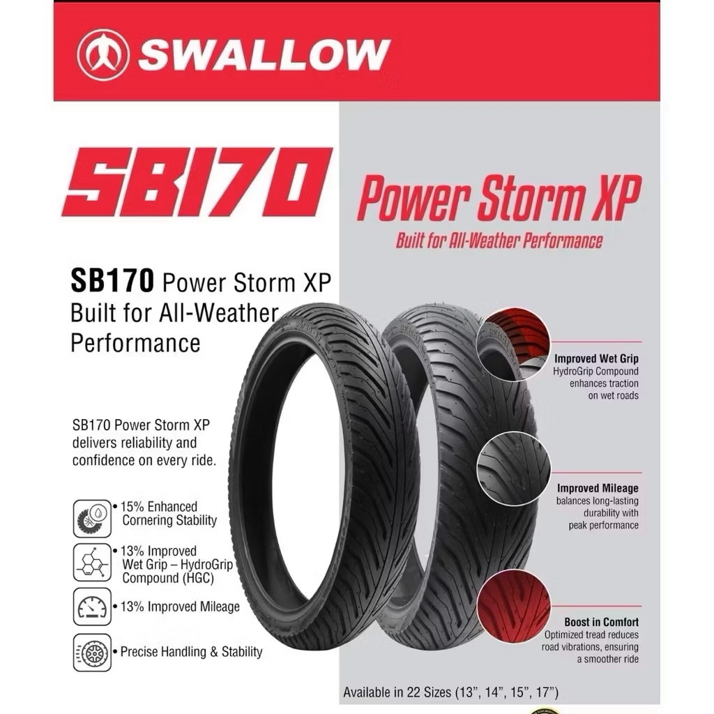 SB-170 SWALLOW TAYAR POWER STORM XP TUBELESS TYRE 110/80-14 , 140/70-17 ...