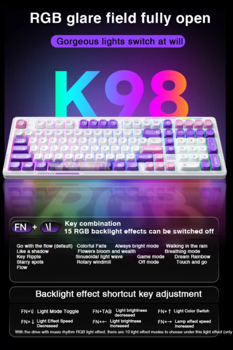 Lingbao K98 Pro 101 Key RGB Three Mode Wired/Bluetooth/2.4G Mechanical Gaming Keyboard 10000mAh ...