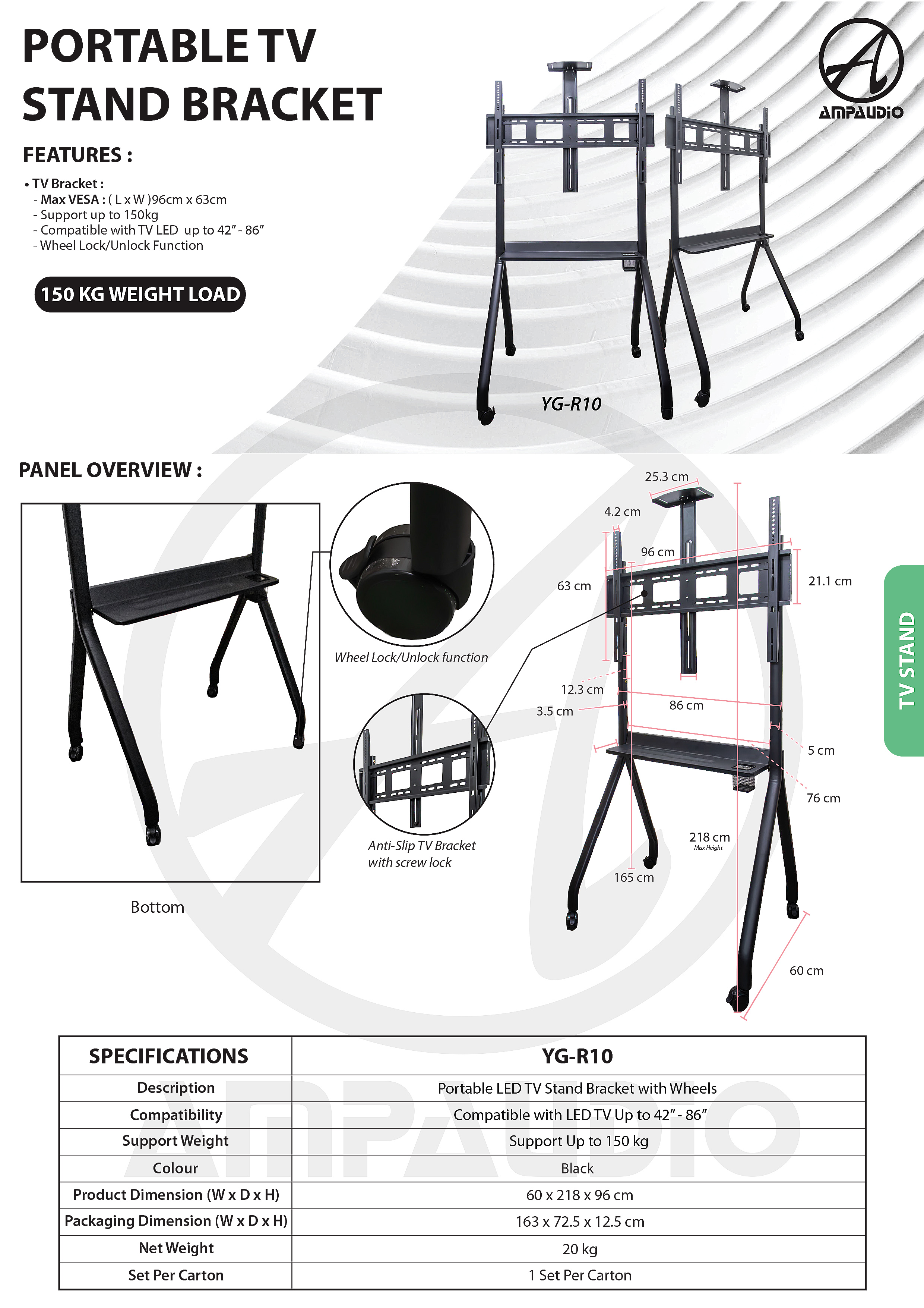 Portable Mobile TV Stand Trolley Bracket for 42"– 120" LCD LED Screen ...