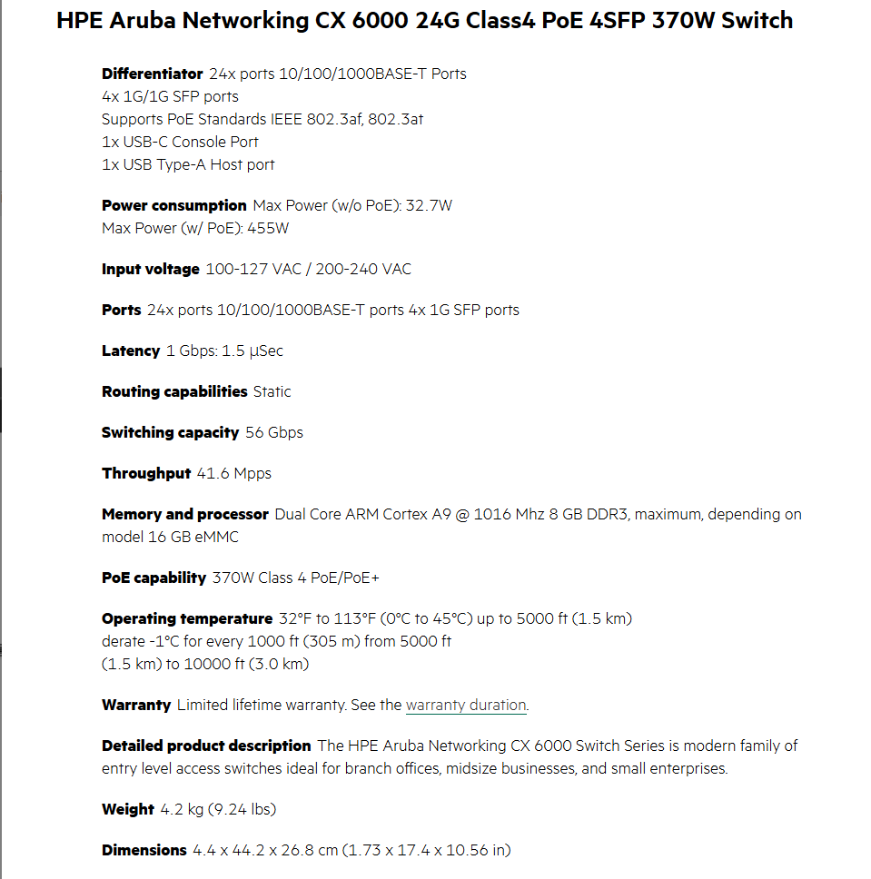 R8N87A - HPE Aruba CX 6000 Switch Series 24G Class4 PoE 4SFP 370W ...