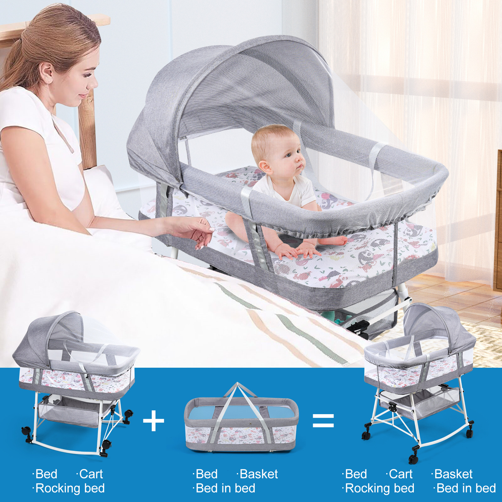 3 in 1 Baby Cot Crib Portable Cradle Bed Newborn Sleeping Basket Katil ...