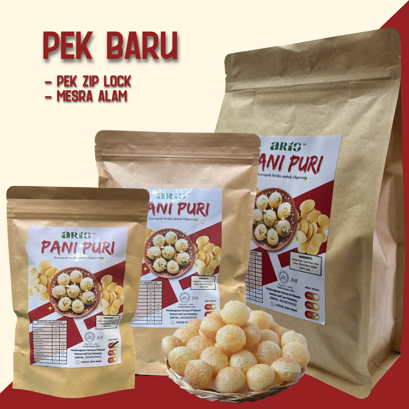 Aris Keropok Pani Puri Papad Ready to Fry 3D Oval Pani Puri Halal Pani ...