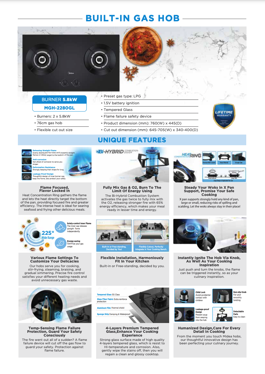 Midea Built-in Hob 2 Burners Gas Cooker 【 MGH-76Q60B , MGH-8216SS , MGH ...