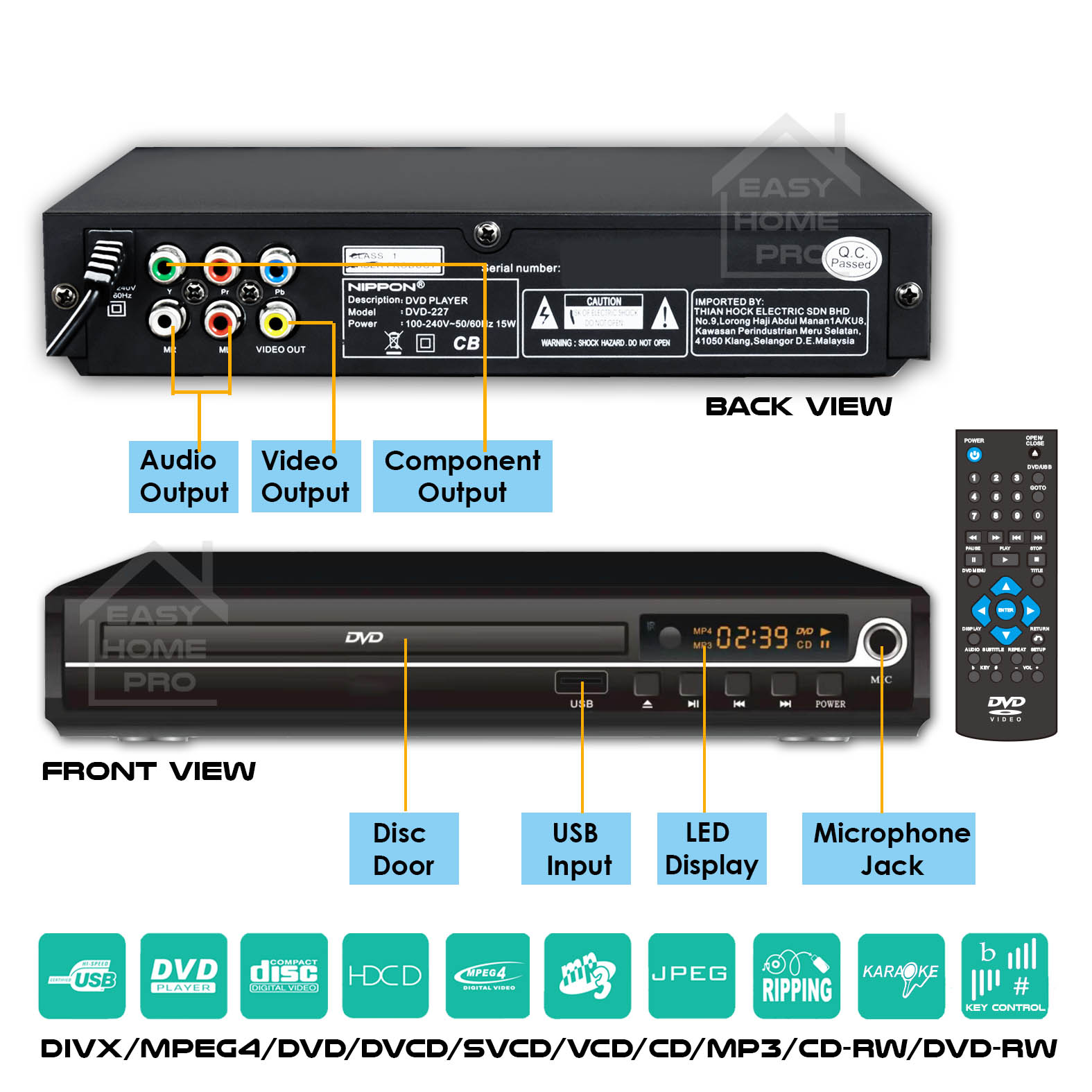 NIPPON DVD-227 DVD PLAYER WITH USB CONNECTIVITY KARAOKE KEY CONTROL ...