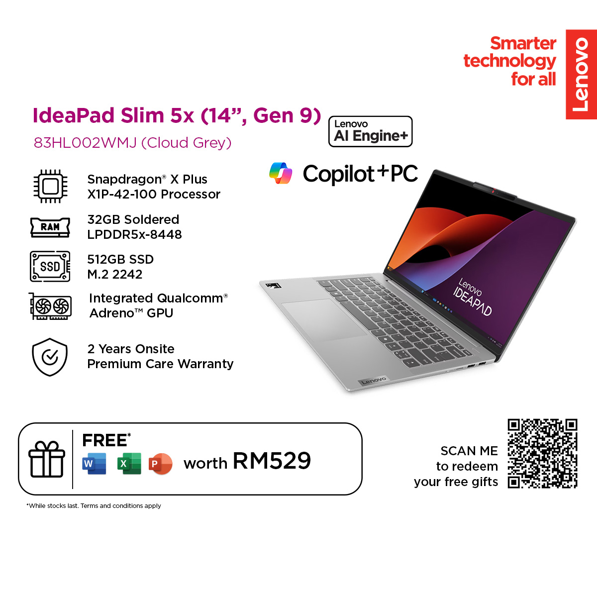 LENOVO IDEAPAD SLIM 5 14Q8X9 83HL002WMJ LAPTOP (Snapdragon® X Plus ...