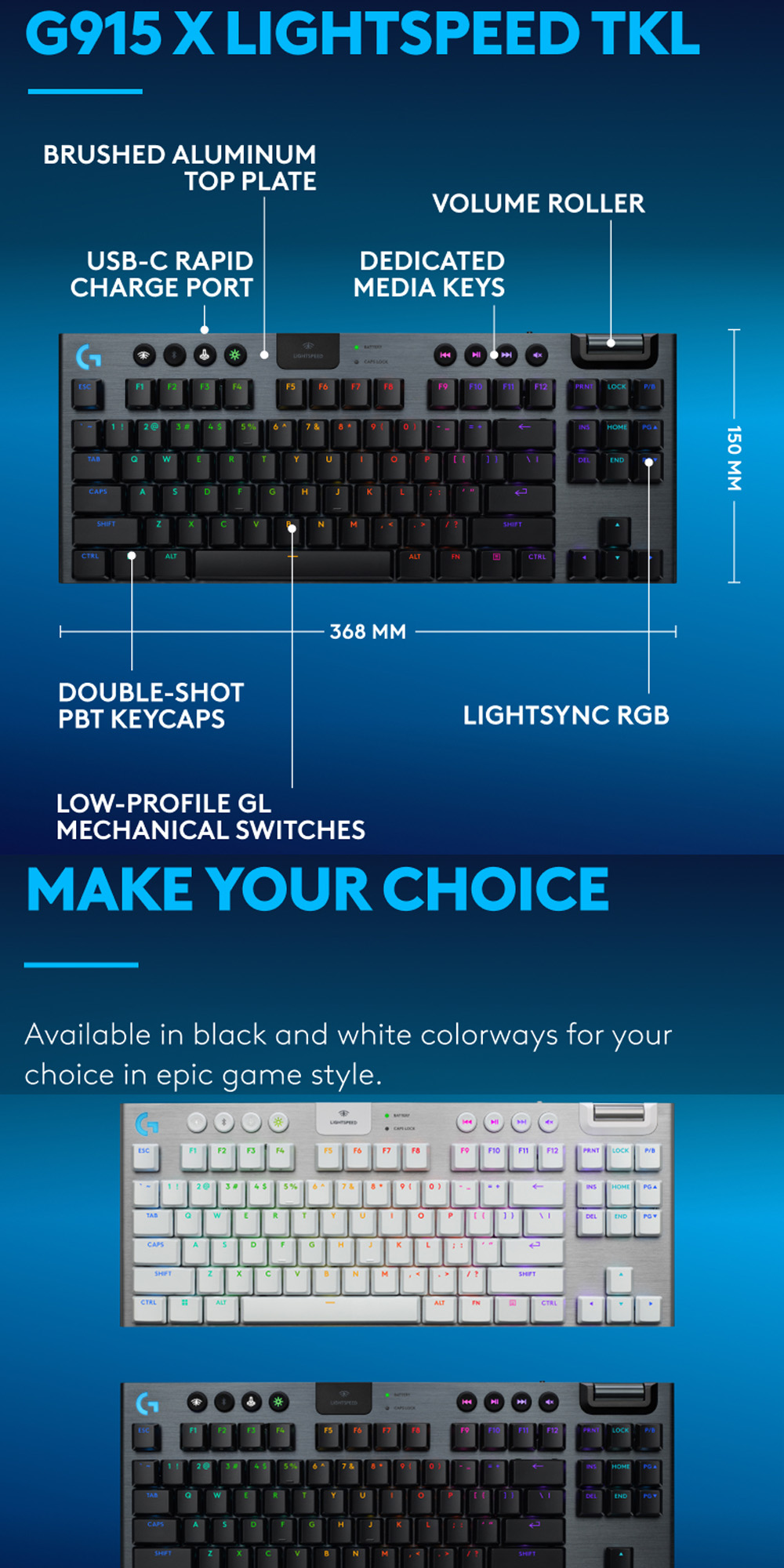 Logitech G915 X LIGHTSPEED TKL Low-Profile Wireless Gaming Keyboard ...