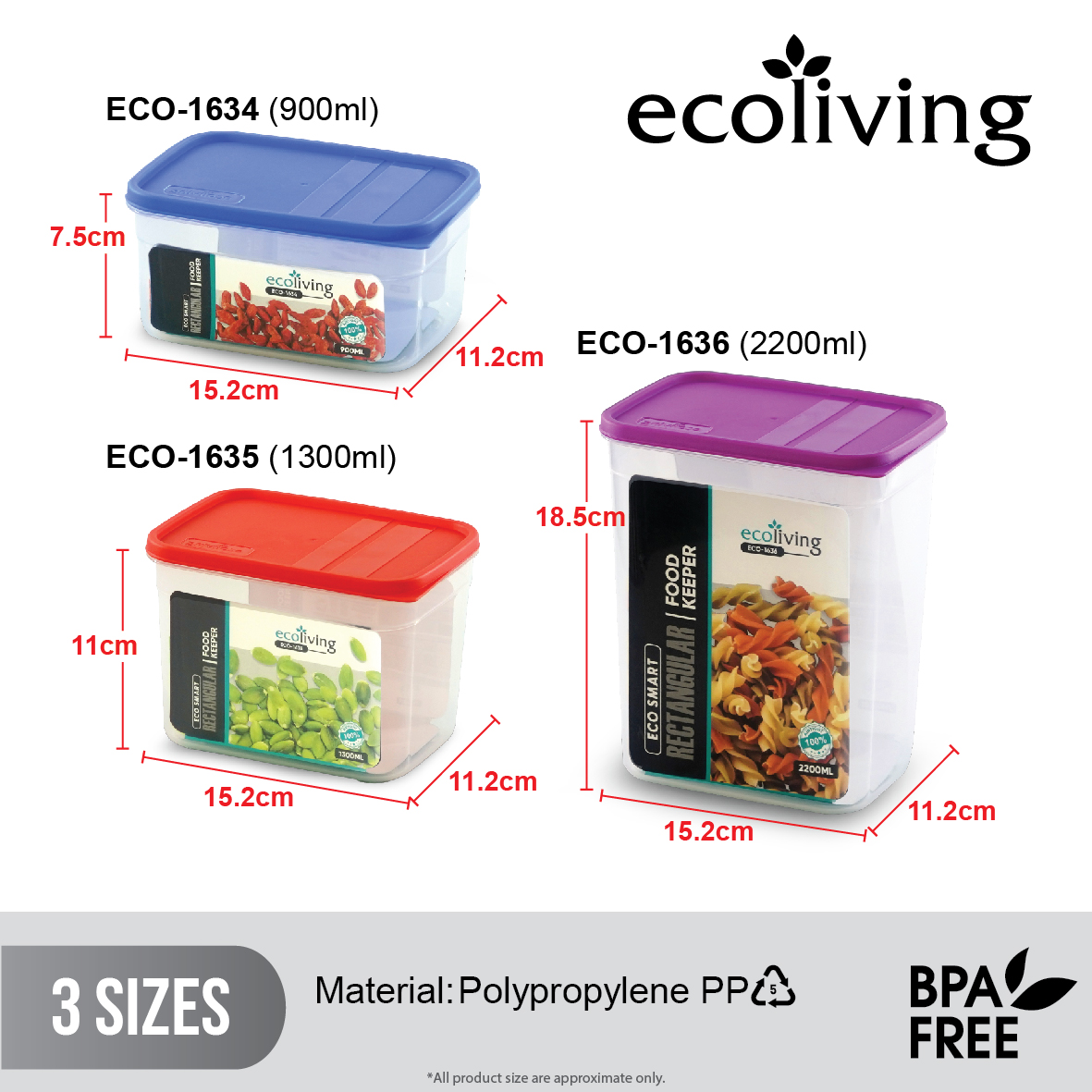 ECO LIVING OFFER PACK 900ml/1.3/2.2LTR Rect.Airtight Freezer ECO Smart ...