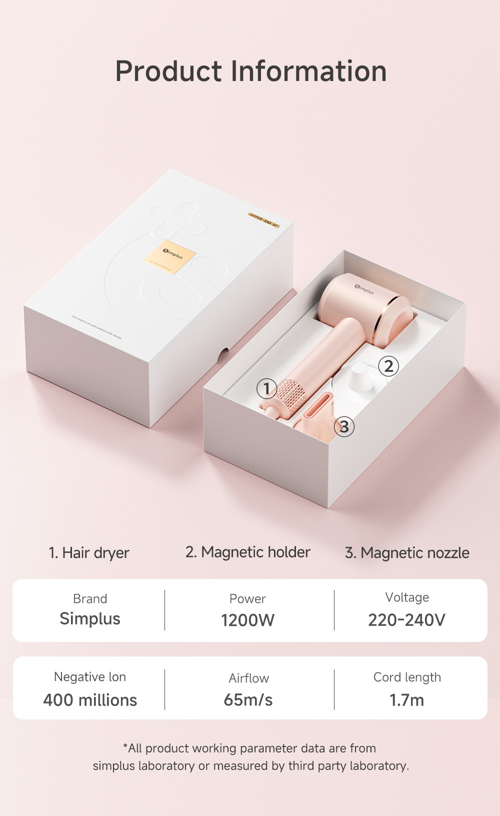 Simplus Pink Ultra High Speed Hair Dryer 65M/S 1400W 400 Million Neagtive Ions 4 Modes ...