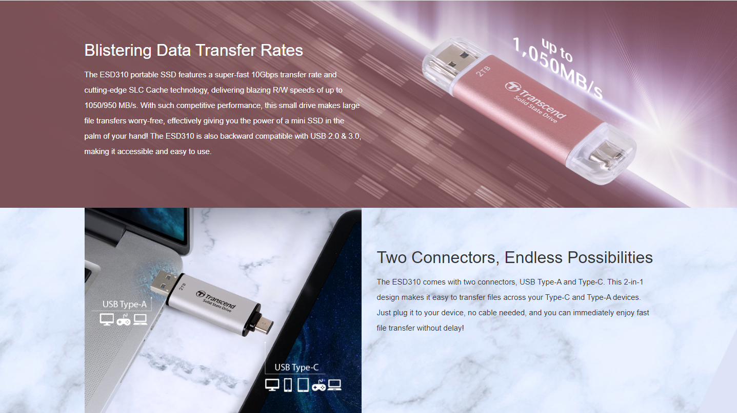 Transcend SSD ESD310 ESD310C/S 3D NAND Portable External SSD with USB 3 ...