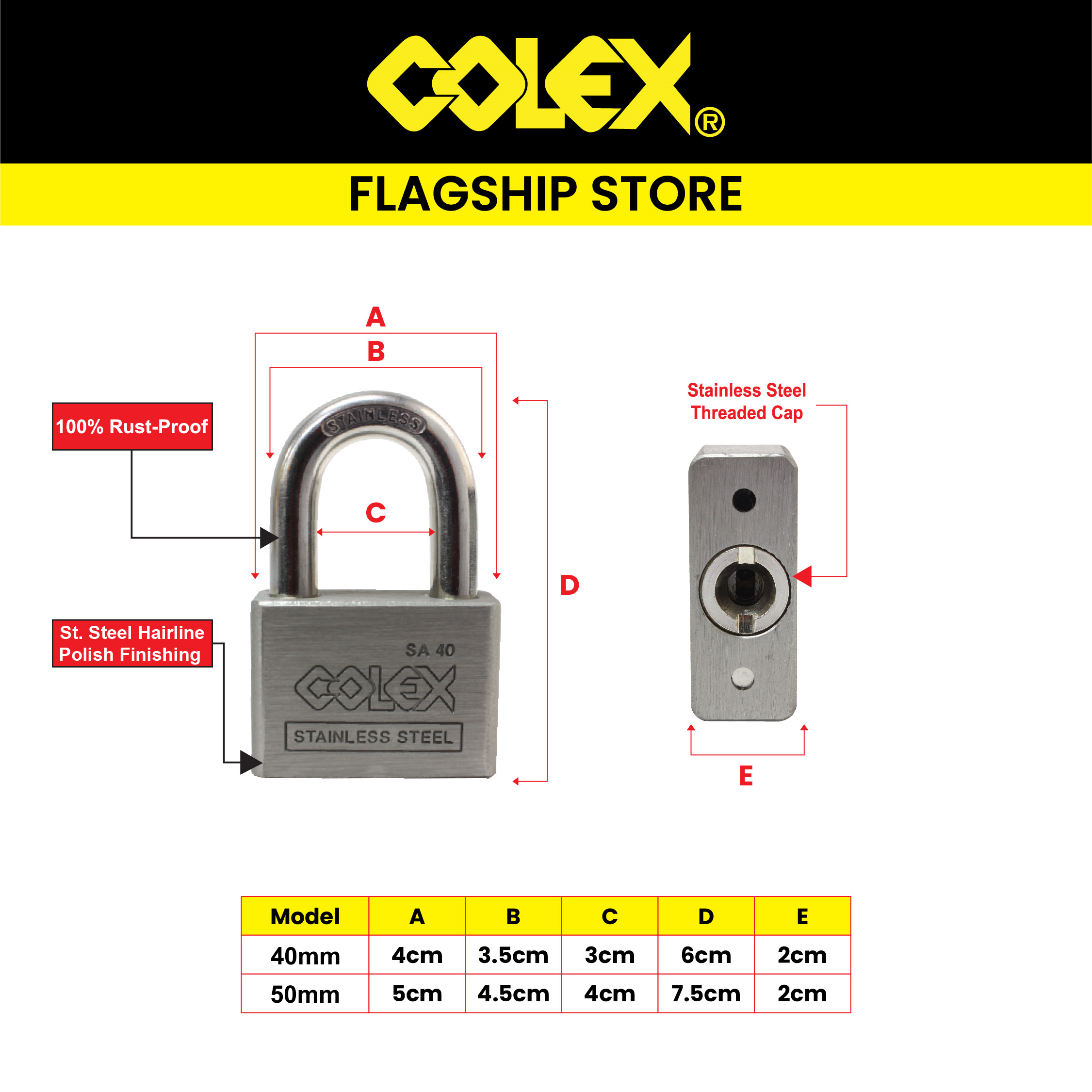 Colex Rust-Proof Stainless Steel Threaded Cap Single Padlock (40mm/50mm ...