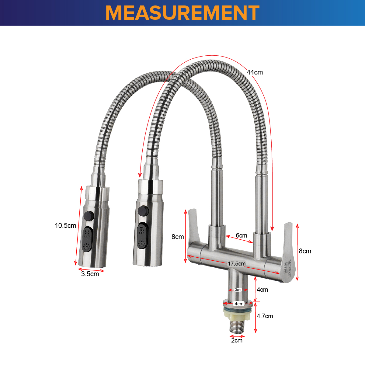 MCPRO SUS304 Stainless Steel FLEXIBLE TWIN WALL/PILLAR SINK TAP with 3 ...