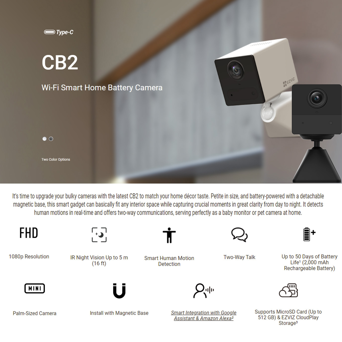 EZVIZ CB2 BC2 Mini Palm Sized Indoor Wire-Free Rechargeable Battery Wi ...