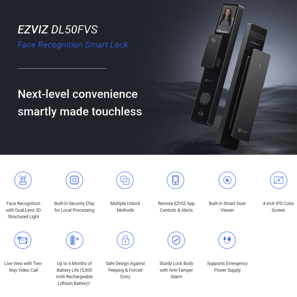 EZVIZ DL50FVS Face Recognition Smart Lock Keyless Doorlock Dual-Lens 3D ...
