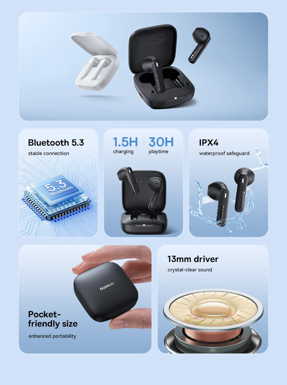 Baseus E16 True Wireless Earbuds TWS 5.3 Bluetooth Earphone with IPX4 ...