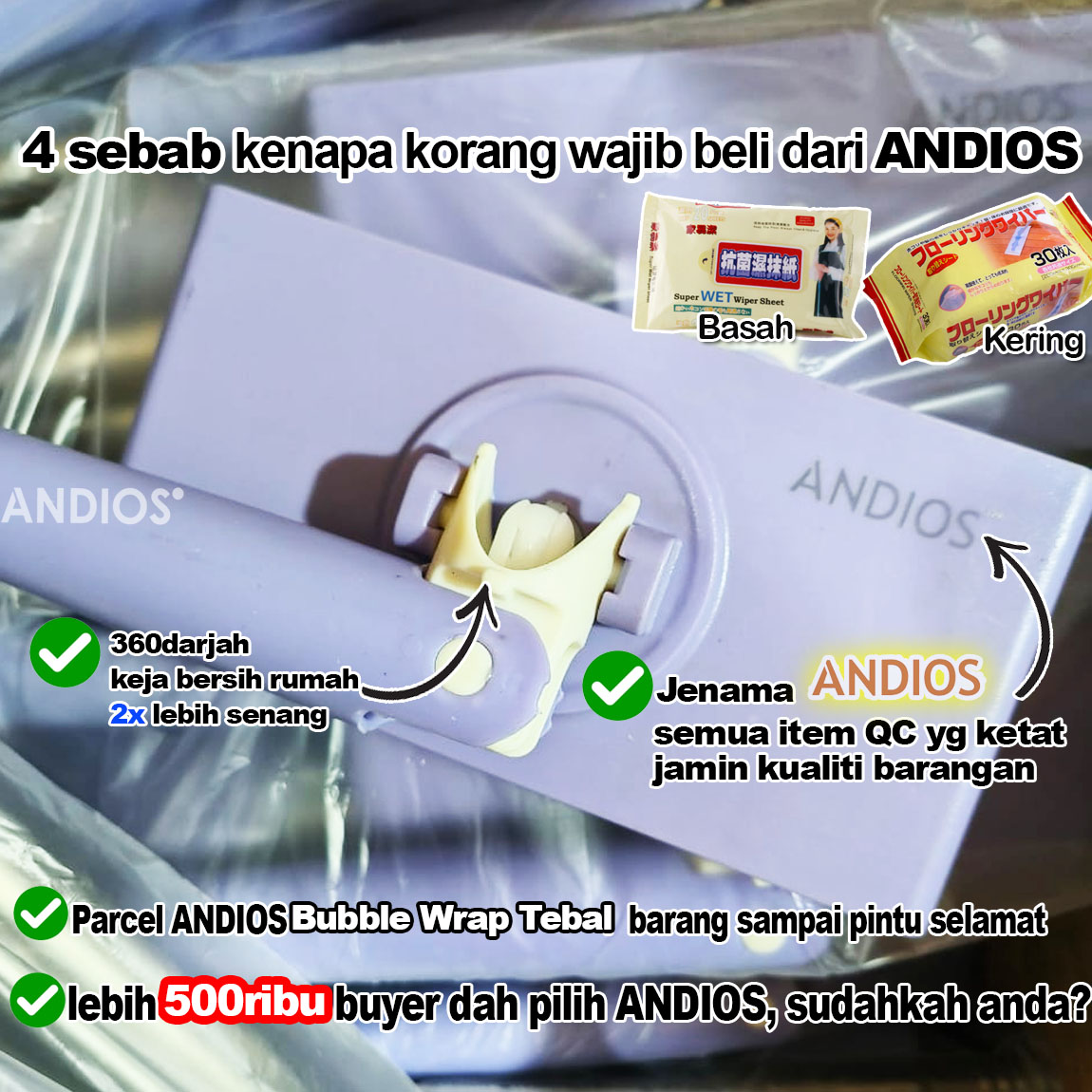 ANDIOS Mop Klip Tisu Basah Pakai Buang Kelip Magik Wet Tissue Lekat Cleaning House Dry Wipes ...