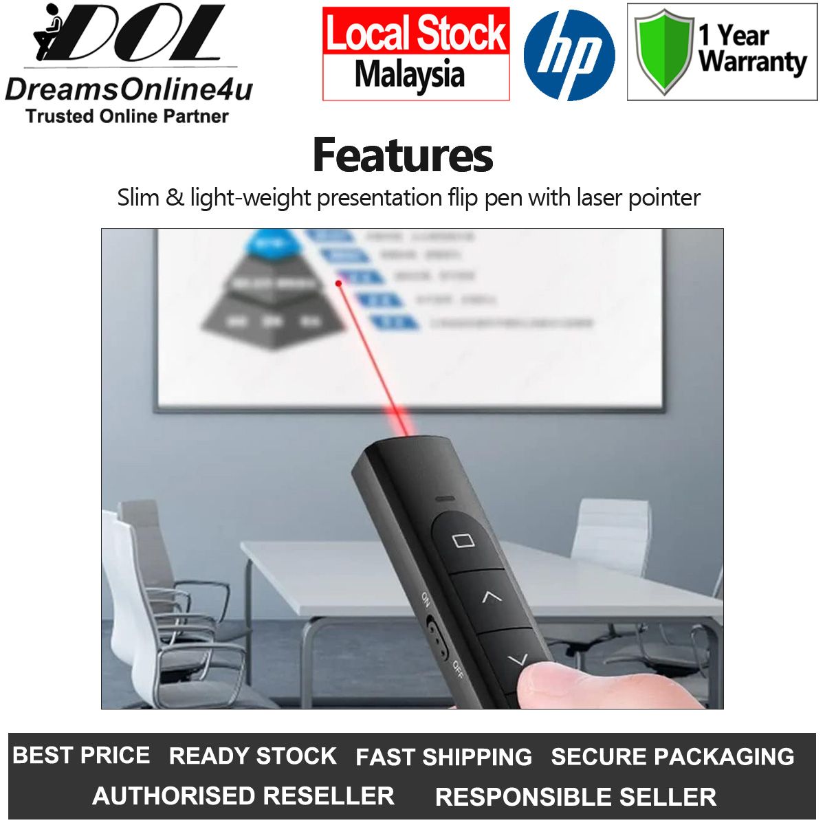 HP SS10 USB 2.4Ghz Plug & Play Wireless Power Point PPT Flip Pen Presenter Red Laser Pointer ...
