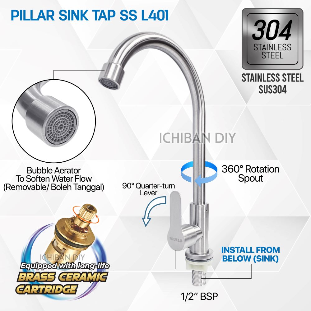 Pillar / Wall Sink Tap L0401 Stainless Steel SUS304 304 Kitchen Faucet ...