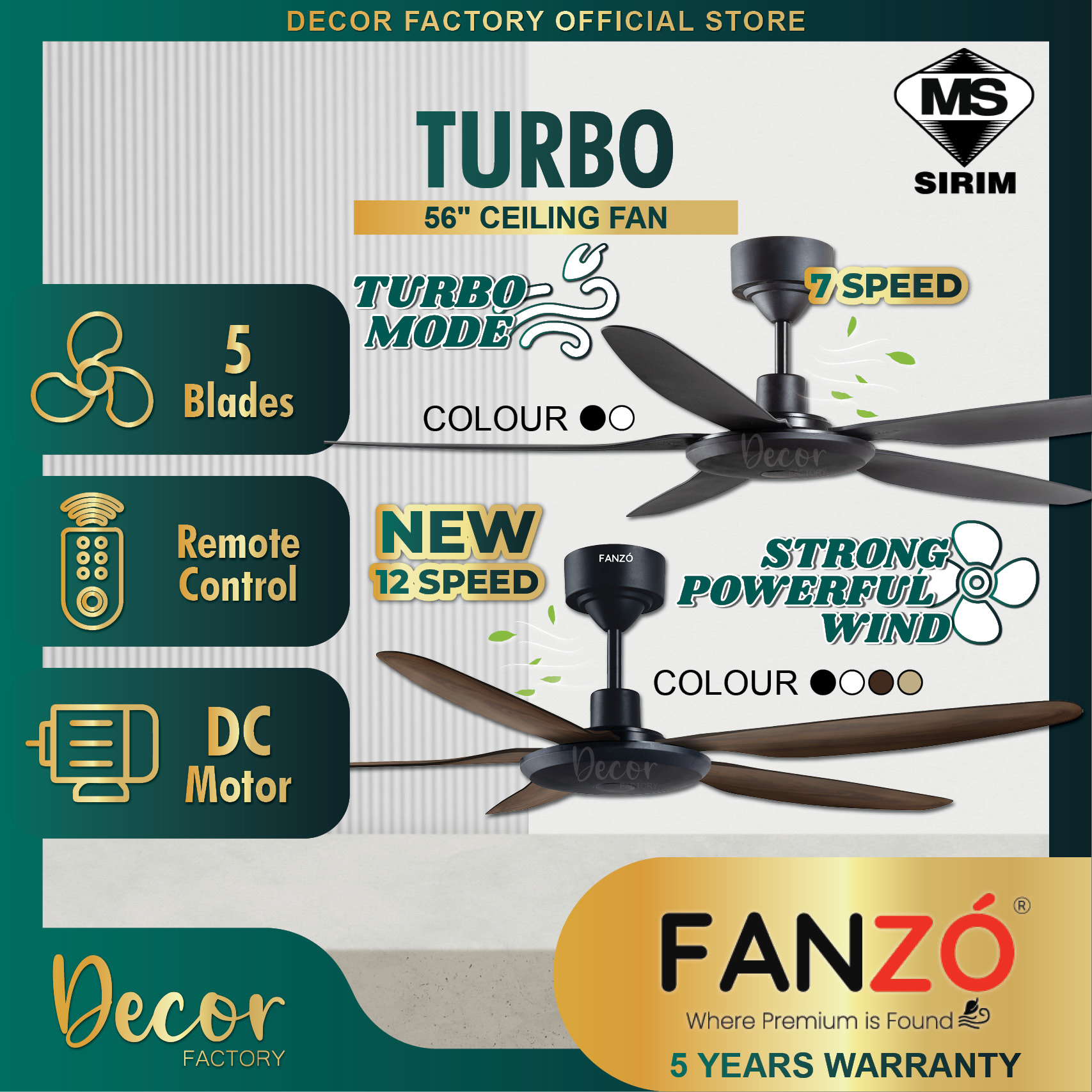 FANZO TURBO 56" 5 Blades 7 Speed DC Motor With Remote Control Ceiling ...