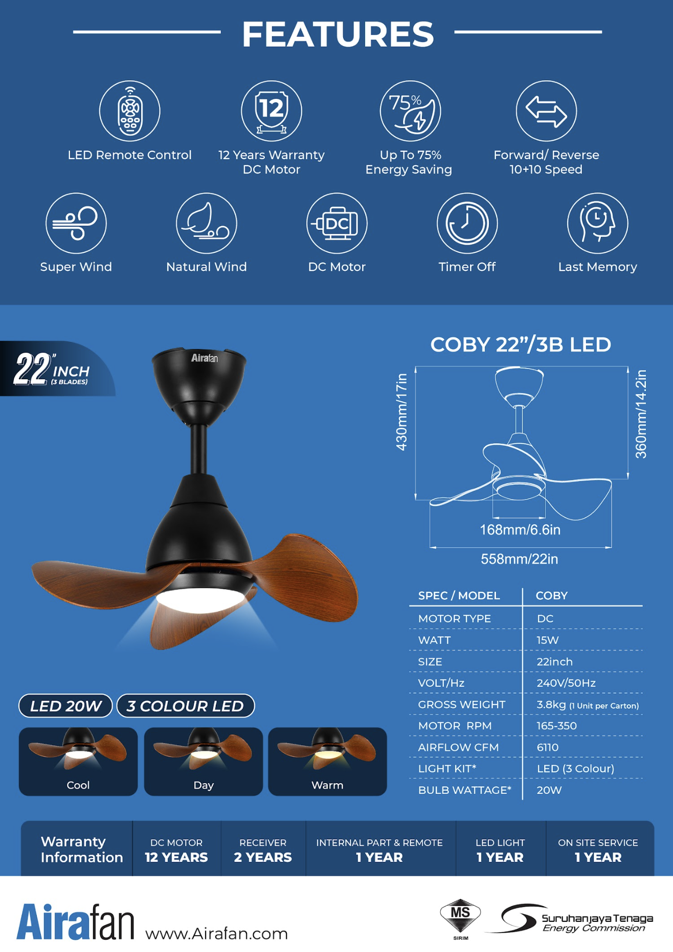 AiraFan Coby 22" Mira 30" mini ceiling fan DC motor 3 blade with light ...