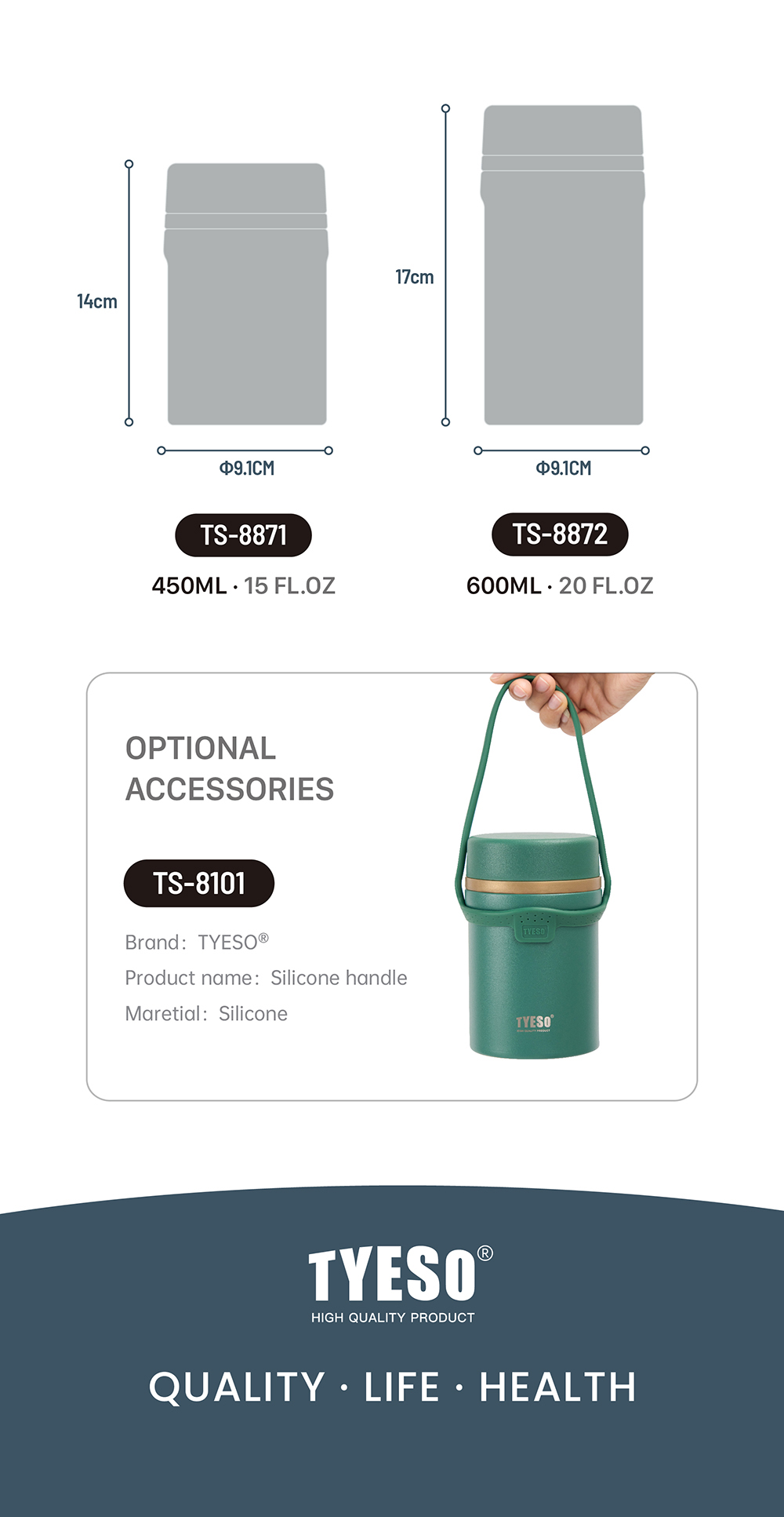 TYESO TS-8872/TS-8873 Thermos Food Jar 450ml/600ml 316 Stainless Steel ...