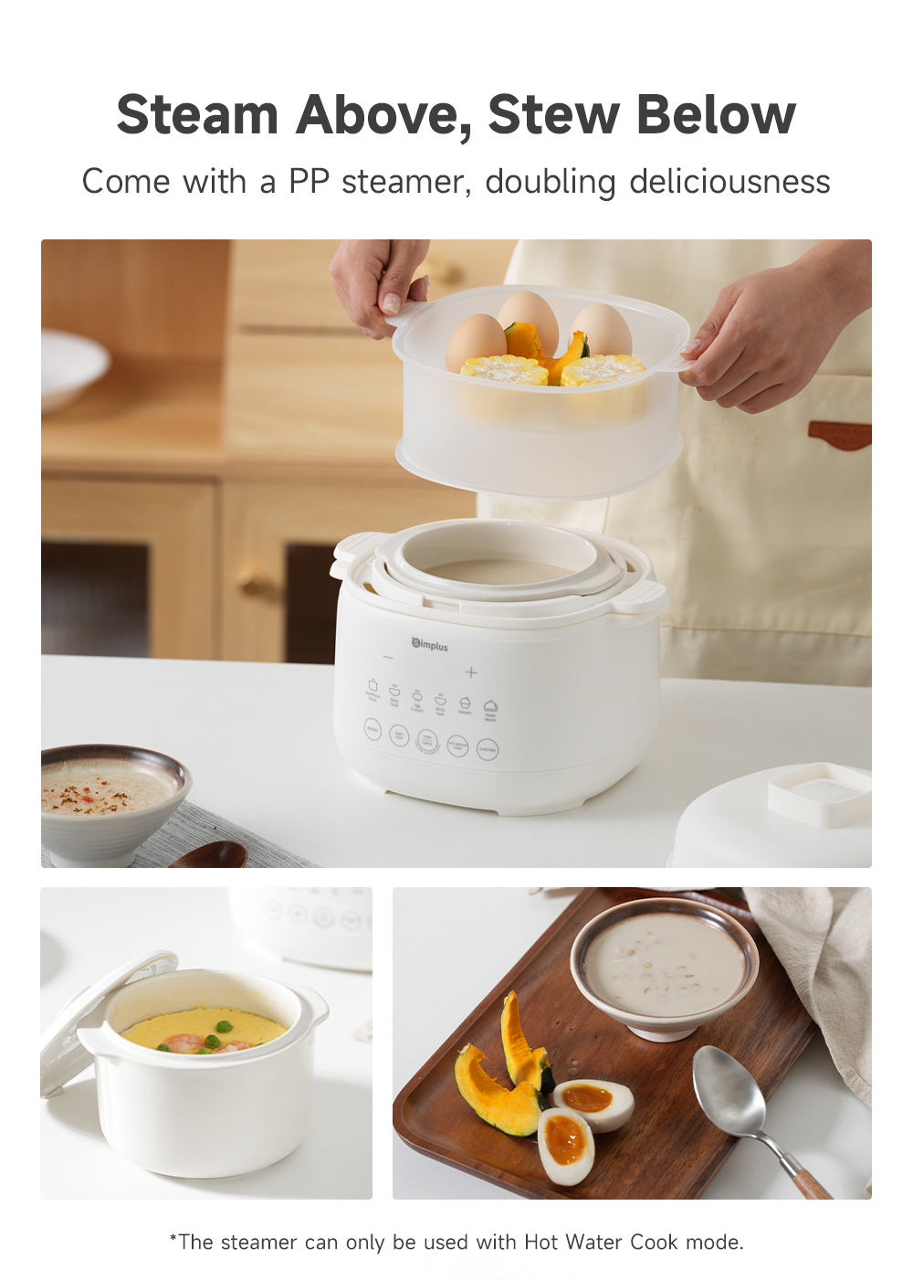 Simplus Electric Slow Cooker丨1L Stew Pot丨Double Boiling丨Smart Preset ...